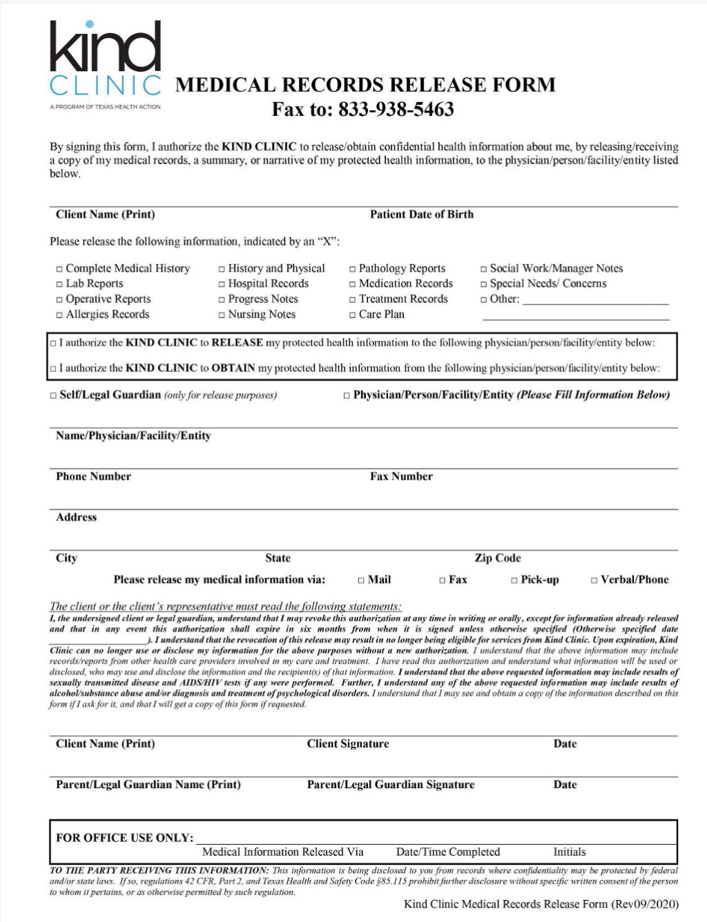 Medical Records Release Forms in English & Spanish - The Kind Clinic